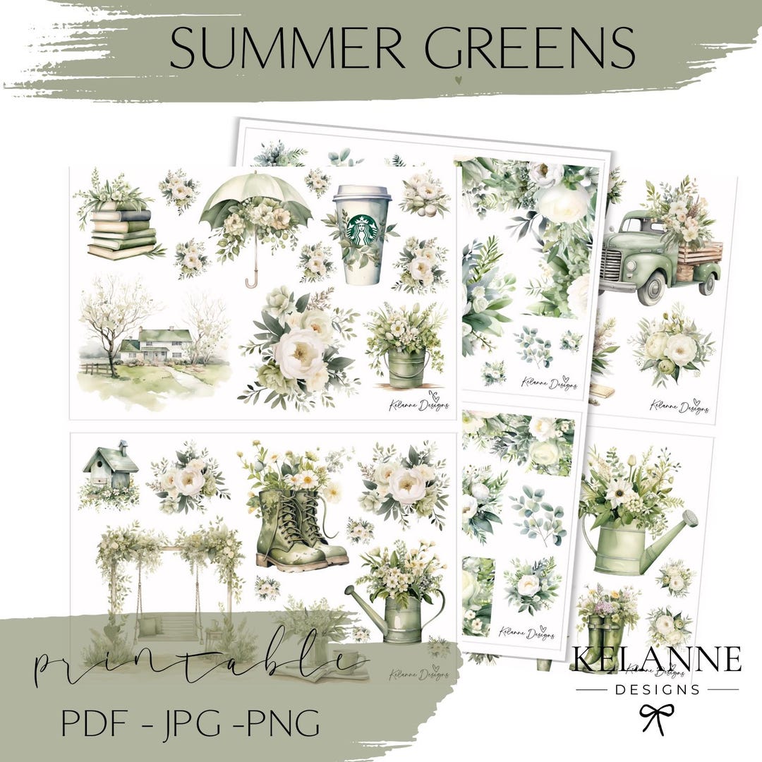 Summer Greens Printable Planner Sticker Bundle, Summer Greens Florals ...