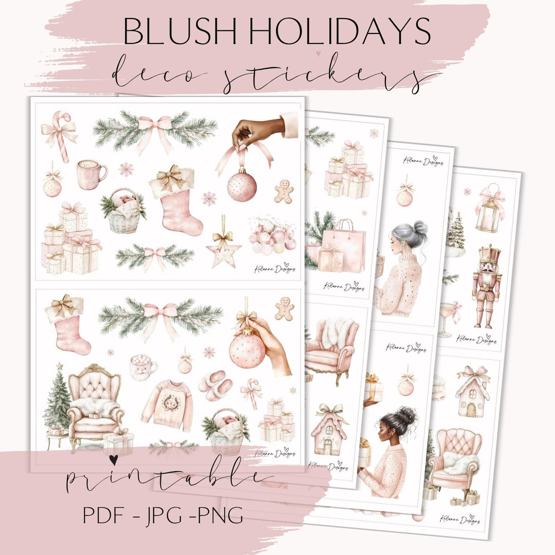 Blush Pink Holidays Printable Sticker Bundle, Printable Blush Christmas ...