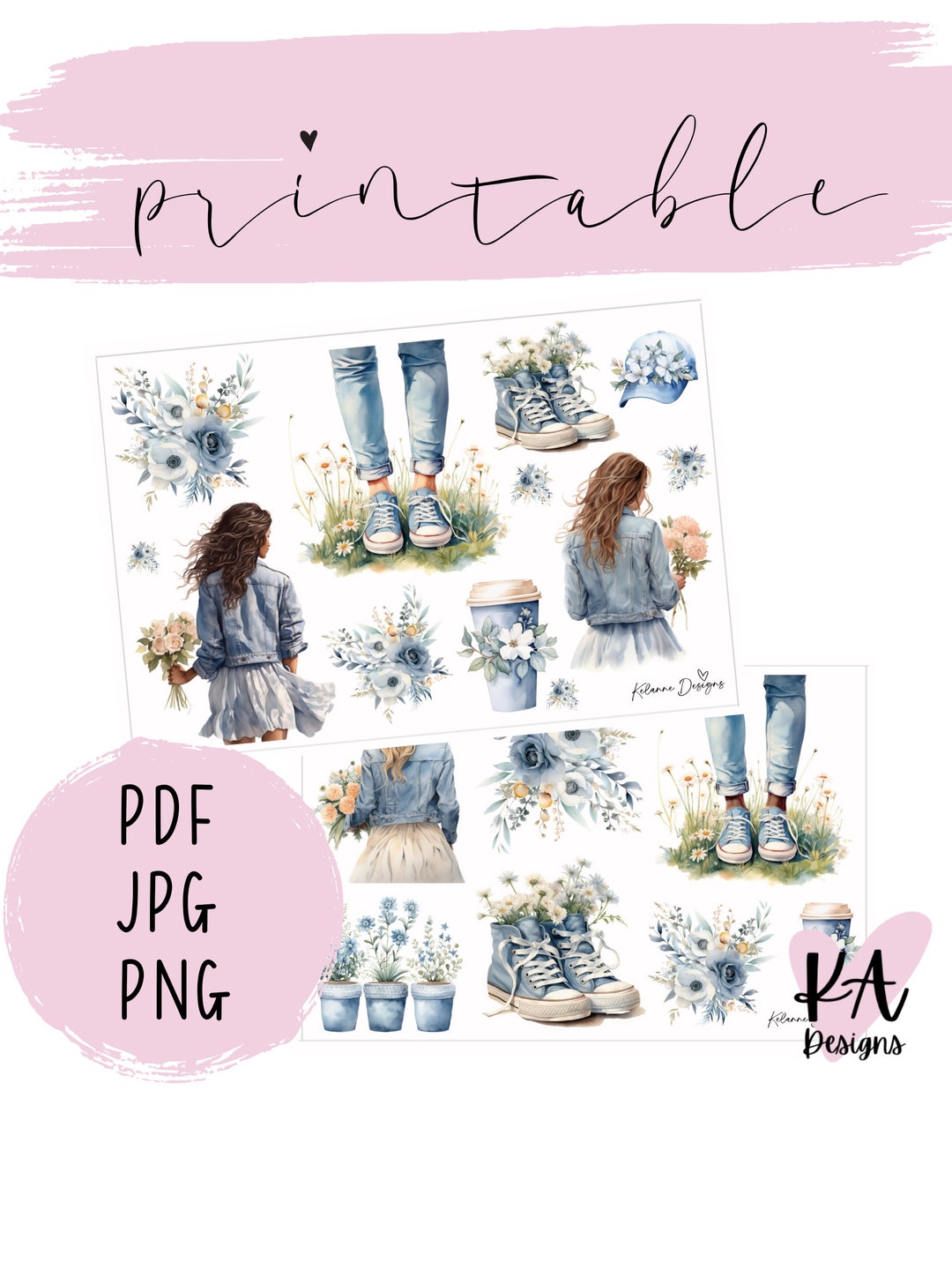 Denim Summer, Denim Spring Printable Planner Stickers, Denim Spring ...