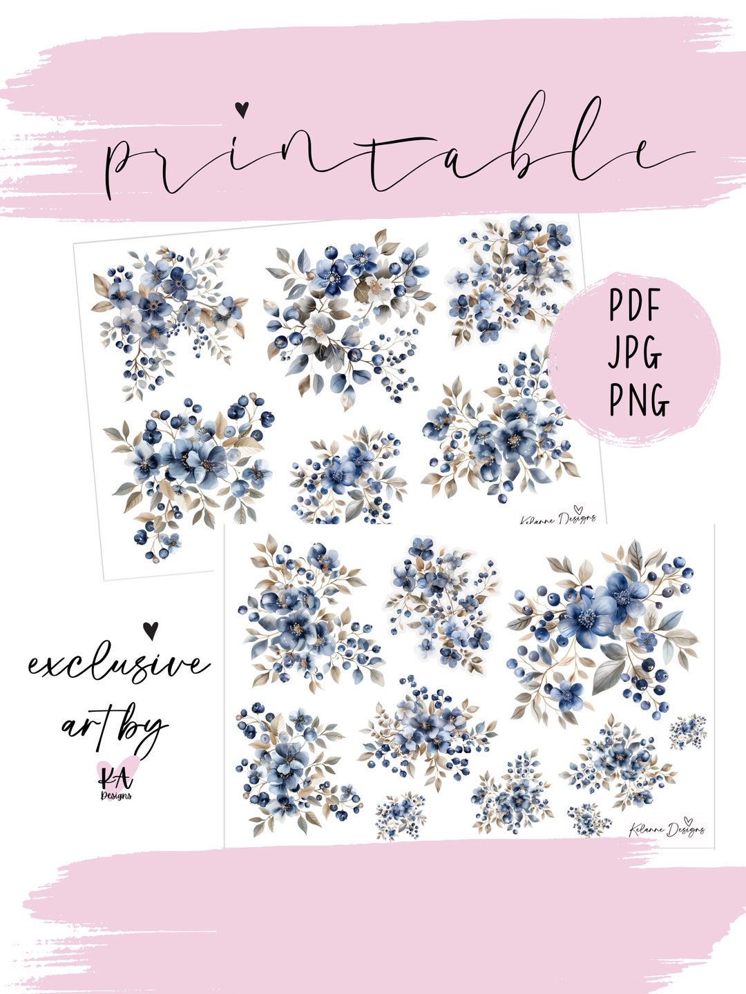 Blueberry Floral Stickers, Blueberry Floral Printable Stickers, Blue ...