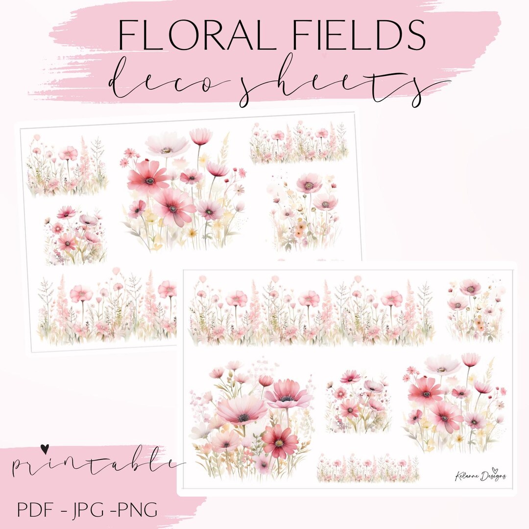 Floral Fields Printable Stickers: Pink Wildflowers Deco (PDF, JPG, PNG ...