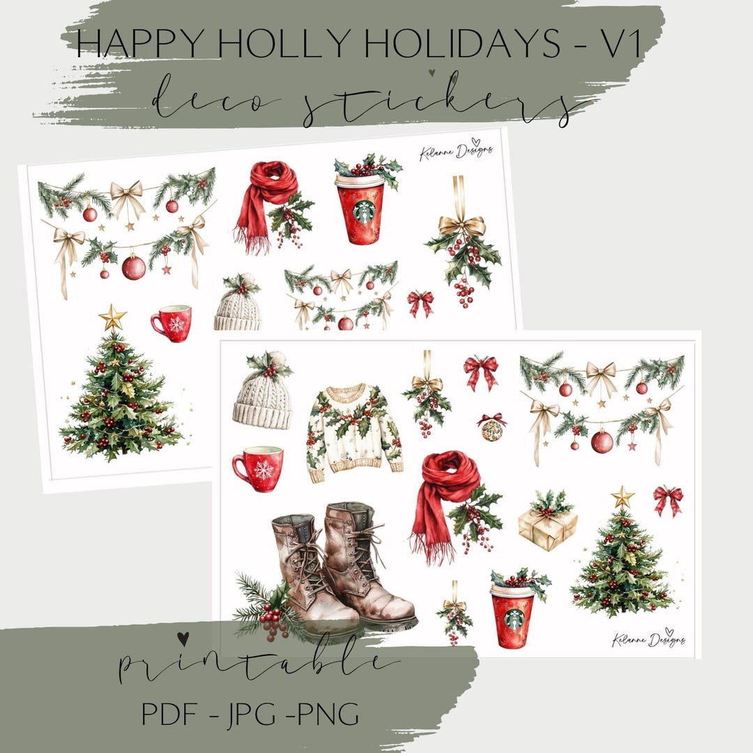 Happy Holly Holidays V1 Printable Planner Stickers, Printable Holiday ...