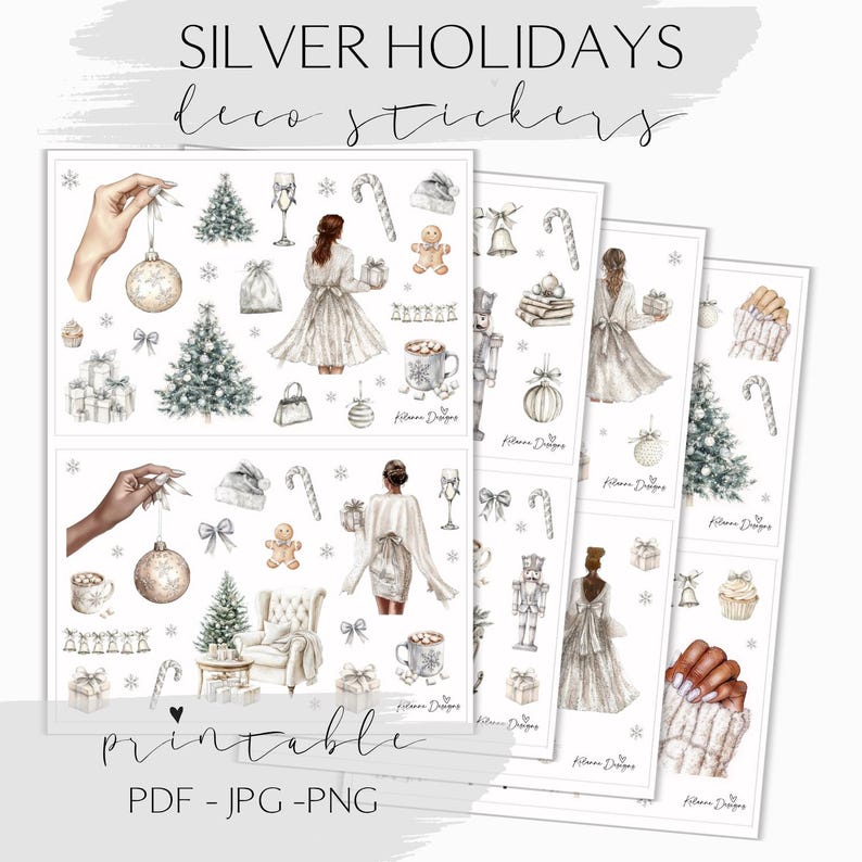 Silver Holidays Printable Sticker Bundle, Printable Silver Christmas ...