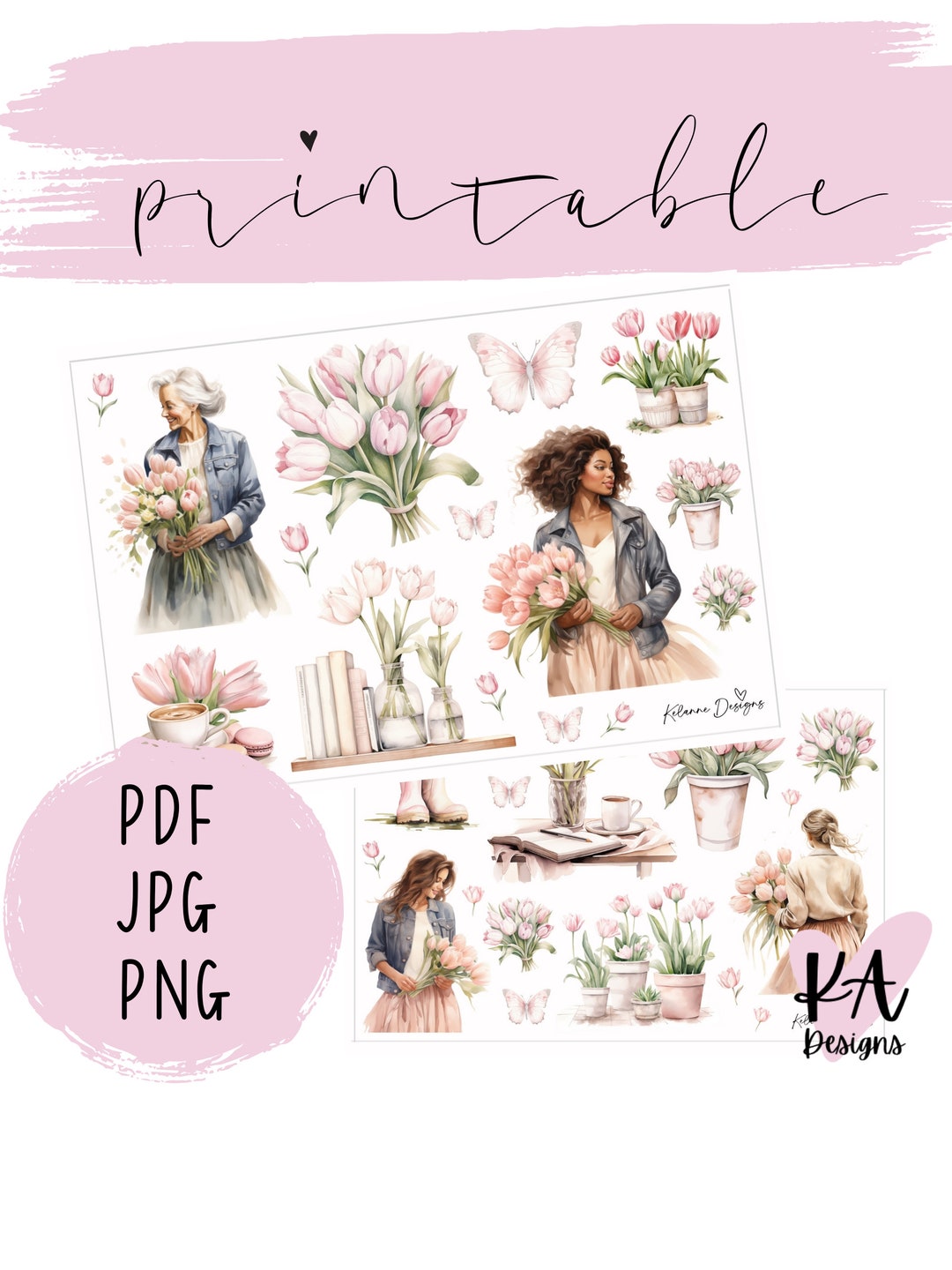 Pink Tulips Deco Stickers, Printable Spring Pink Tulips Deco Stickers ...