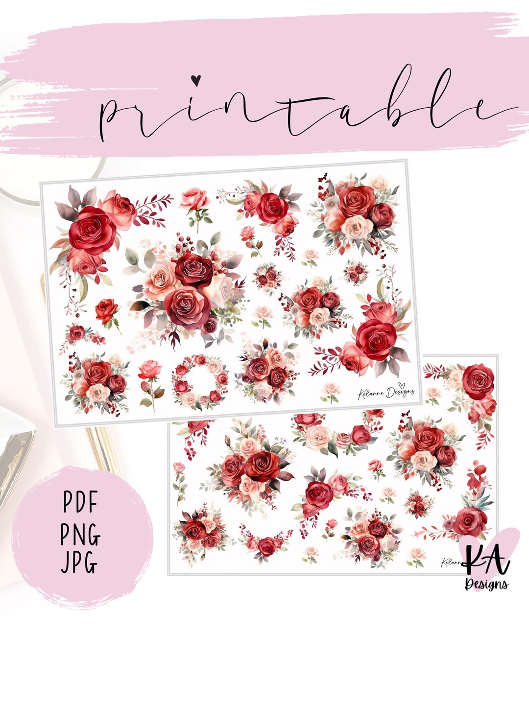 Red Roses Floral Deco Stickers, Floral Printable Deco Stickers, Red ...