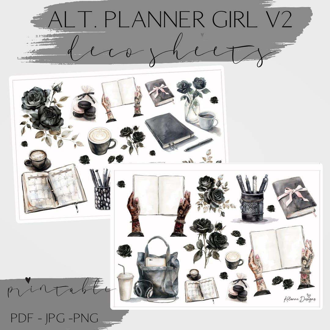 Alt Planner Girl V2 Printable Planner Stickers, Printable Black and ...