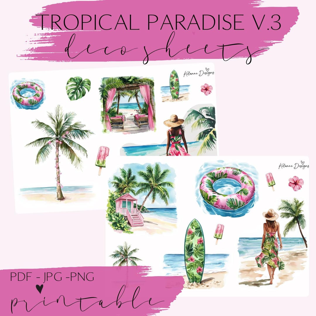 Tropical Paradise V.3 Stickers, Printable Tropical Summer Theme Deco ...