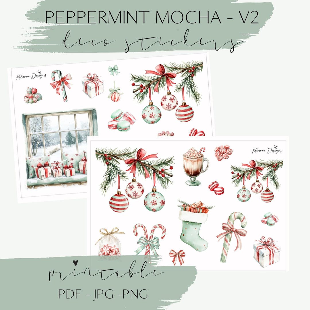 Peppermint Mocha V2 Printable Stickers, Printable Holiday Planner Deco ...