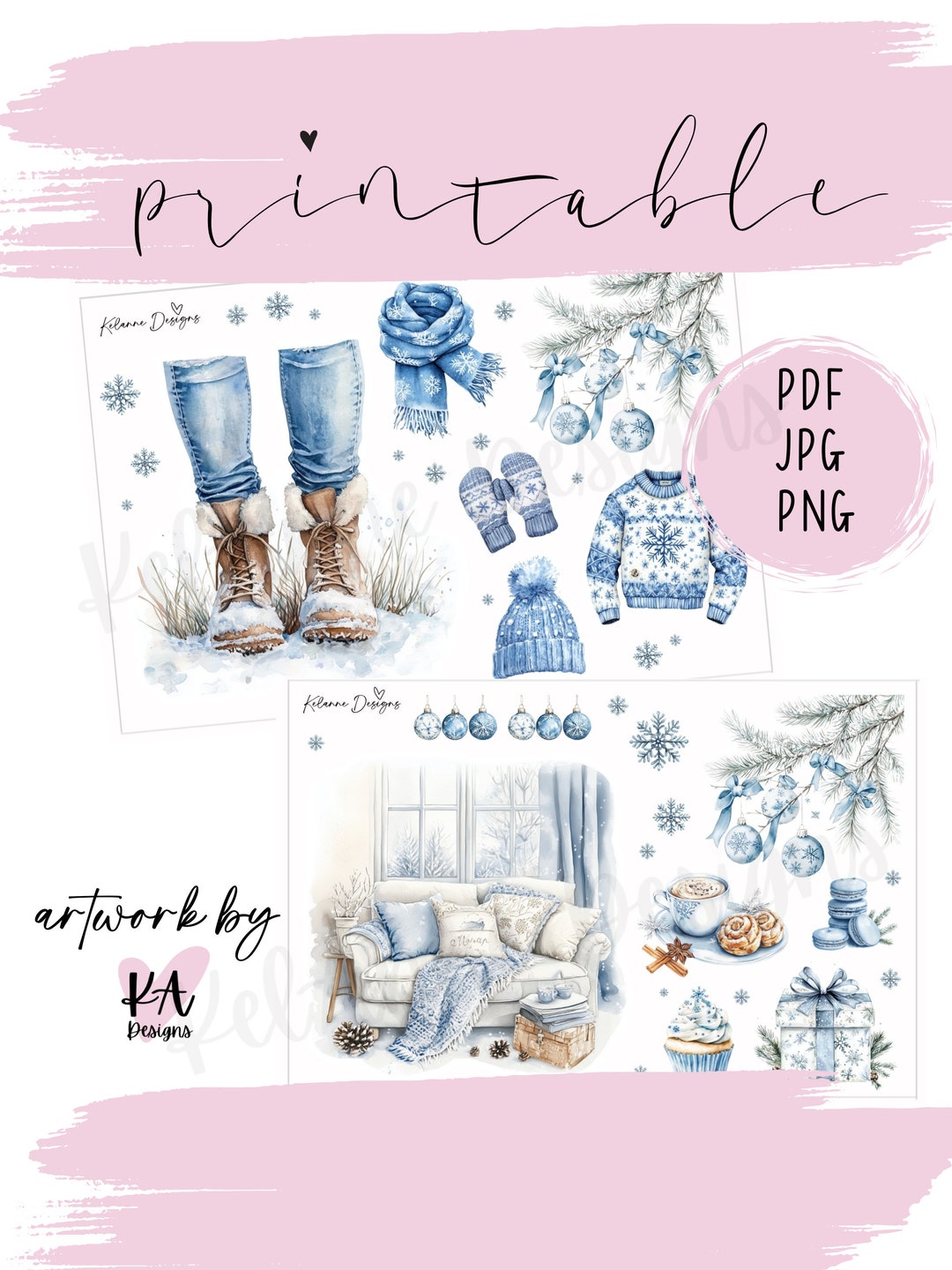 Blue Winter Christmas Printable Stickers, Printable Winter Deco ...