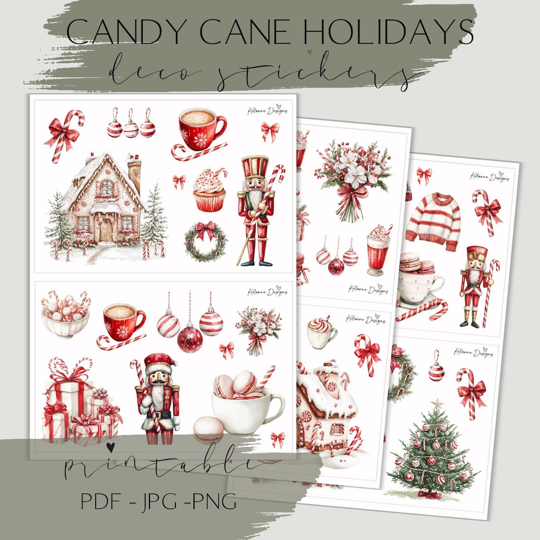 Candy Cane Holidays Printable Sticker Bundle, Candy Cane Planner ...