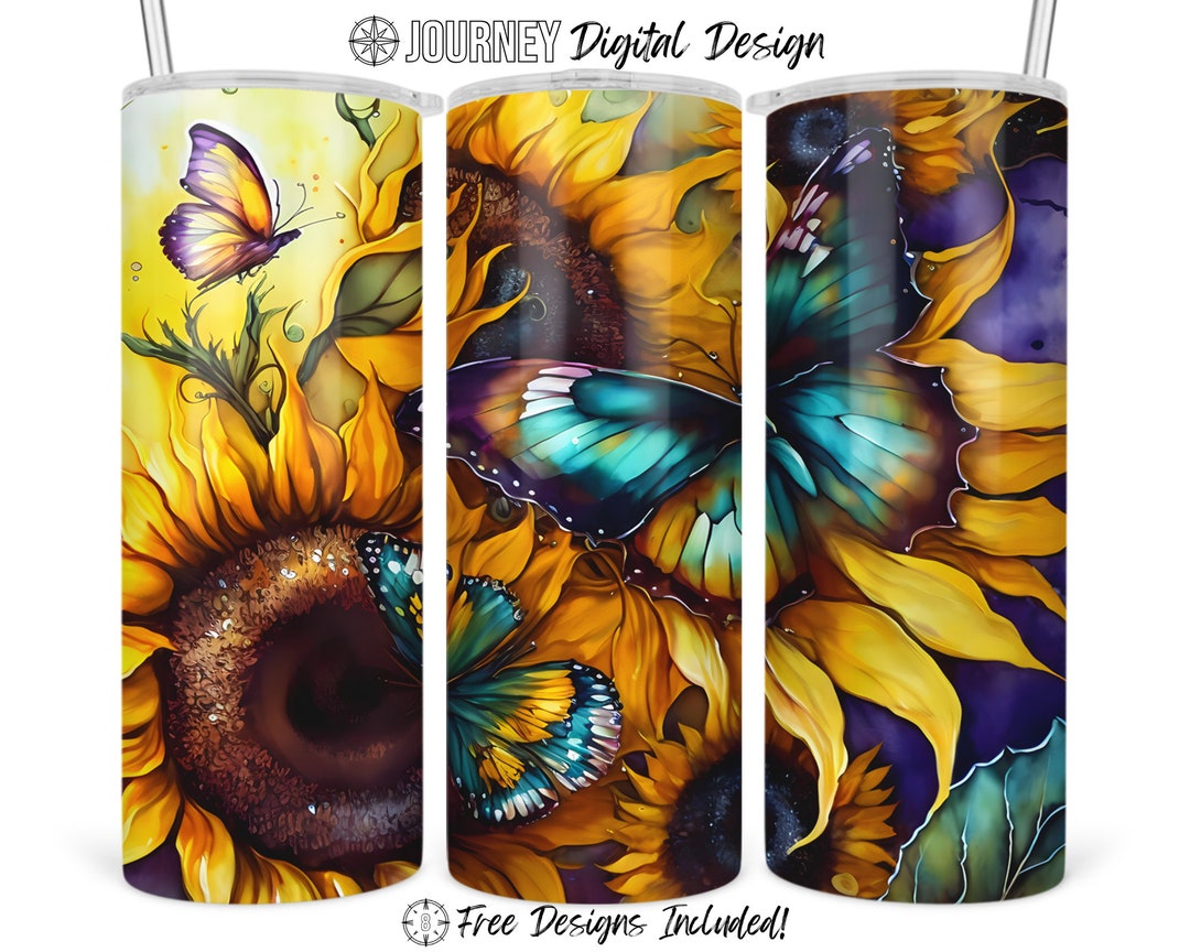Alcohol Ink Sunflowers and Butterflies Tumbler Design, Sunflowers Wrap ...