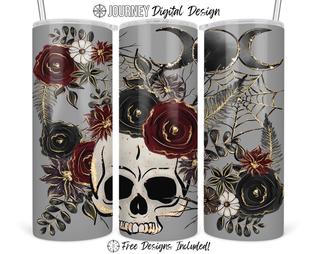 Gothic Halloween Tumbler Design, Skull Wrap, Gothic, Floral, Halloween ...