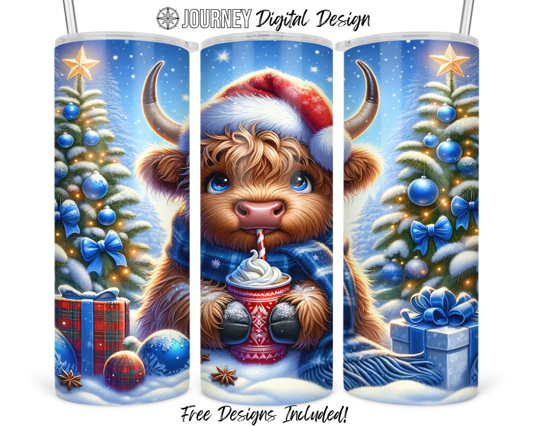 Highland Cow Christmas Tumbler Wrap, Hot Cocoa Highland Cow Tumbler Png ...