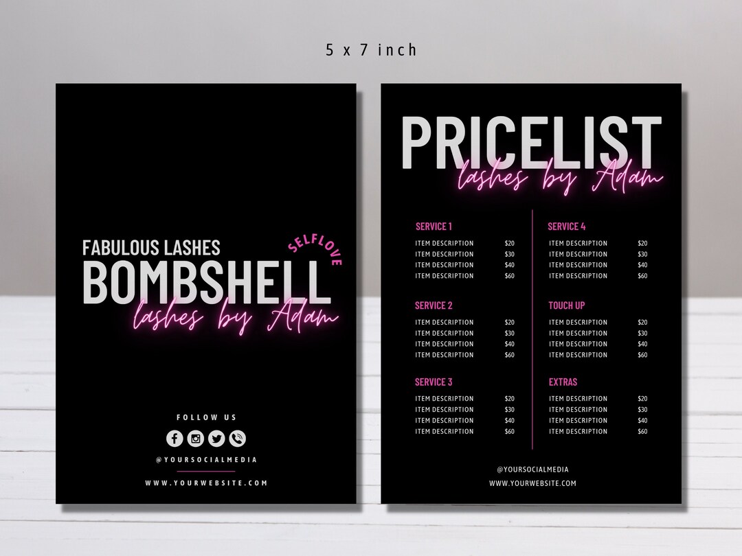 ADAM DIY Black Price List Templates, Editable, Printable, Instant, Pink ...