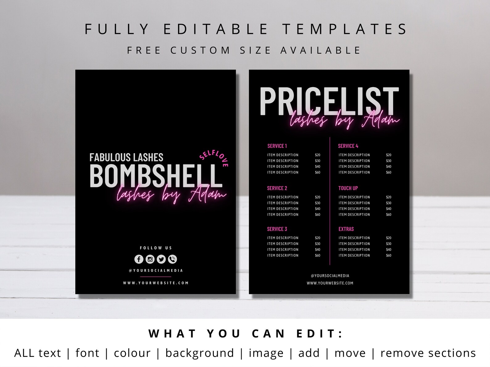 ADAM DIY Black Price List Templates, Editable, Printable, Instant, Pink ...