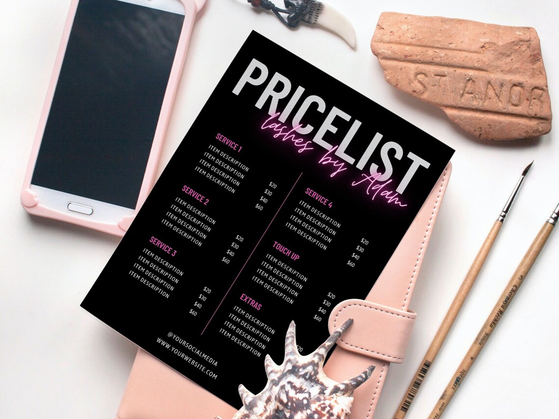 ADAM DIY Black Price List Templates, Editable, Printable, Instant, Pink ...