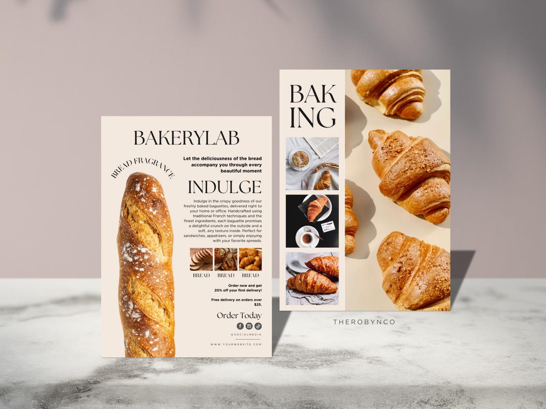 Editable Baking Flyer, Baguette Croissant Bakery Bread Template Design ...