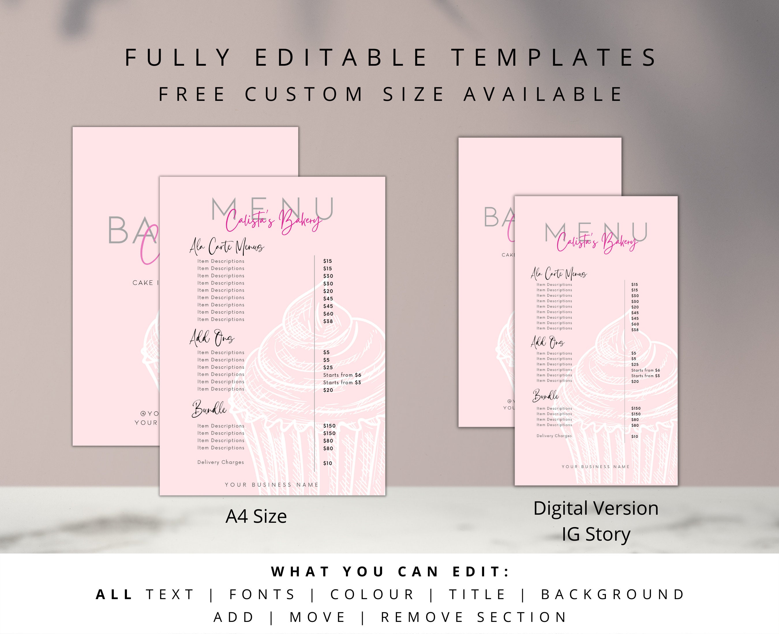 Pink Bakery Shop Price List Templates, Editable Printable, Instant ...