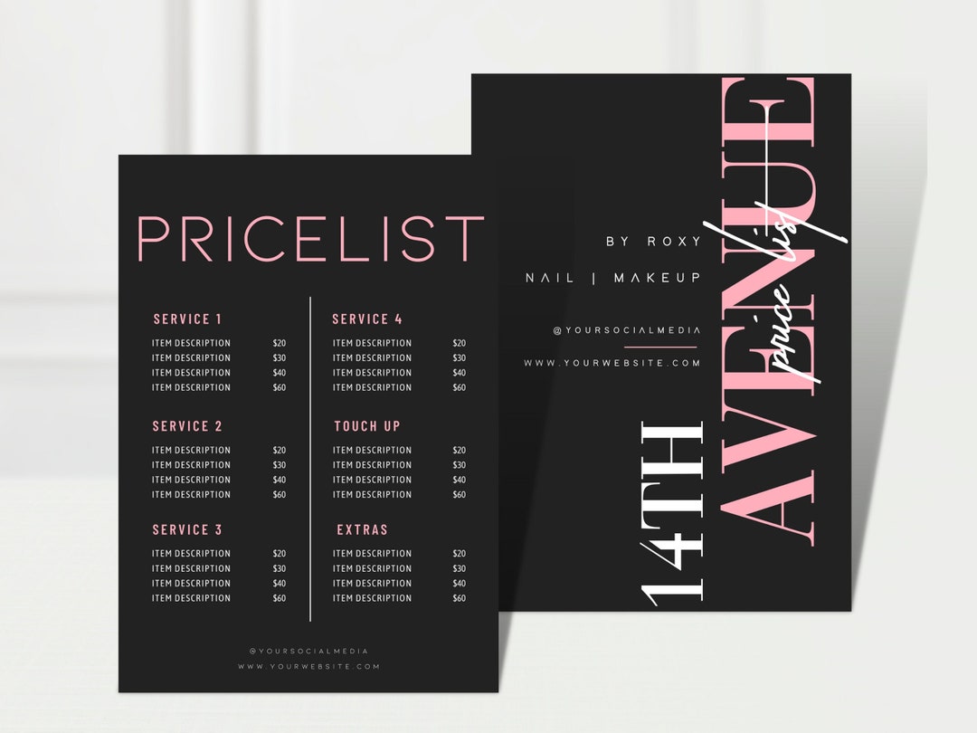 ROXY DIY Price List Templates, Printable, Editable, Instant, Pink ...