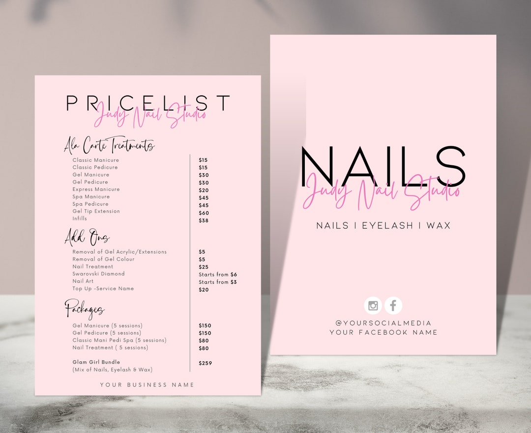JUDY Nails Salon Price List Pre Made Templates, Editable, Printable ...