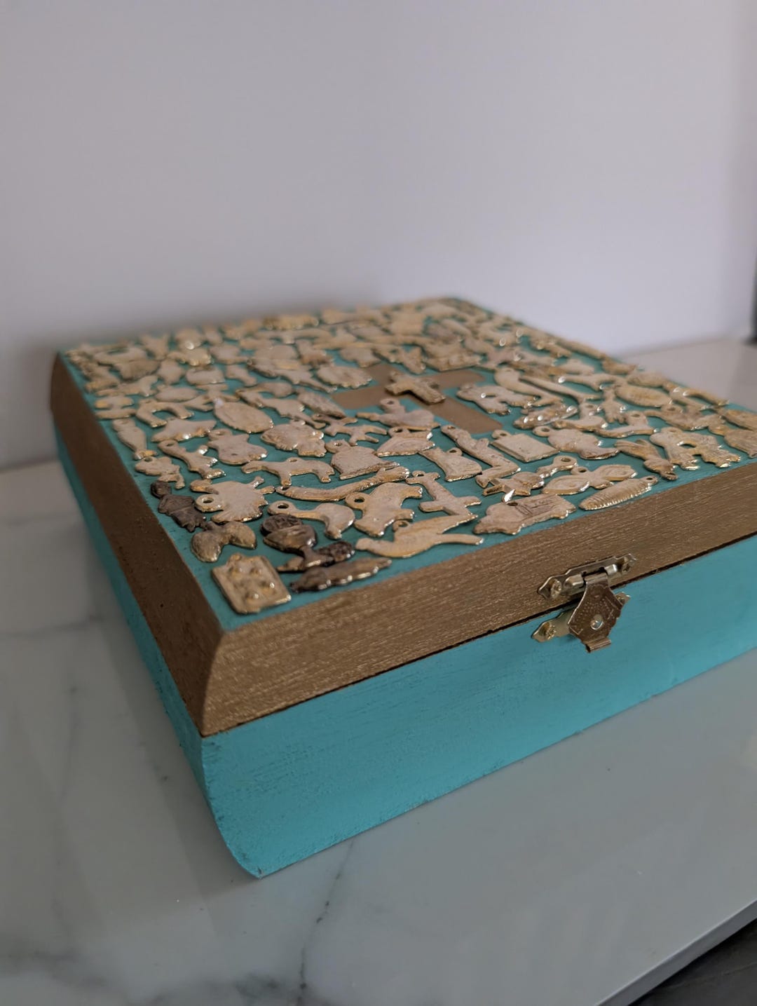 Custom Made Box With Gold Milagro Charms - Turquoise and Gold Box ...