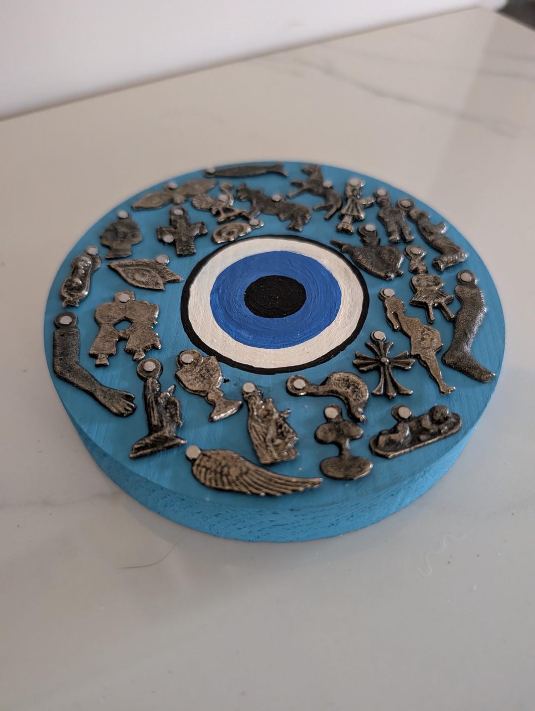 Evil Eye Circle Plaque With Aged Black Milagros | Hand Painted and ...