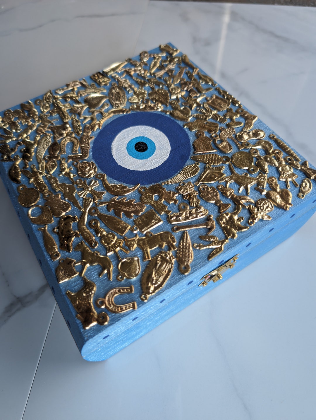 Evil Eye Custom Made Box With Gold Milagro Charms - Light Blue Box ...