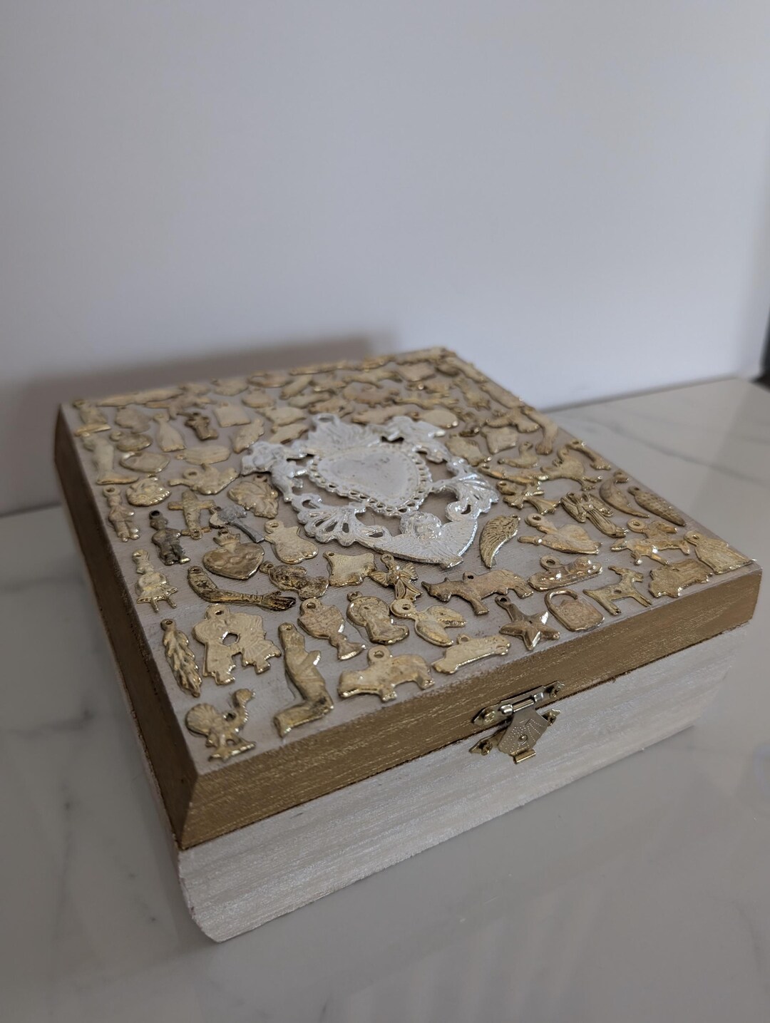 Custom Made Box With Milagro Charms - White and Gold Box - Authentic ...