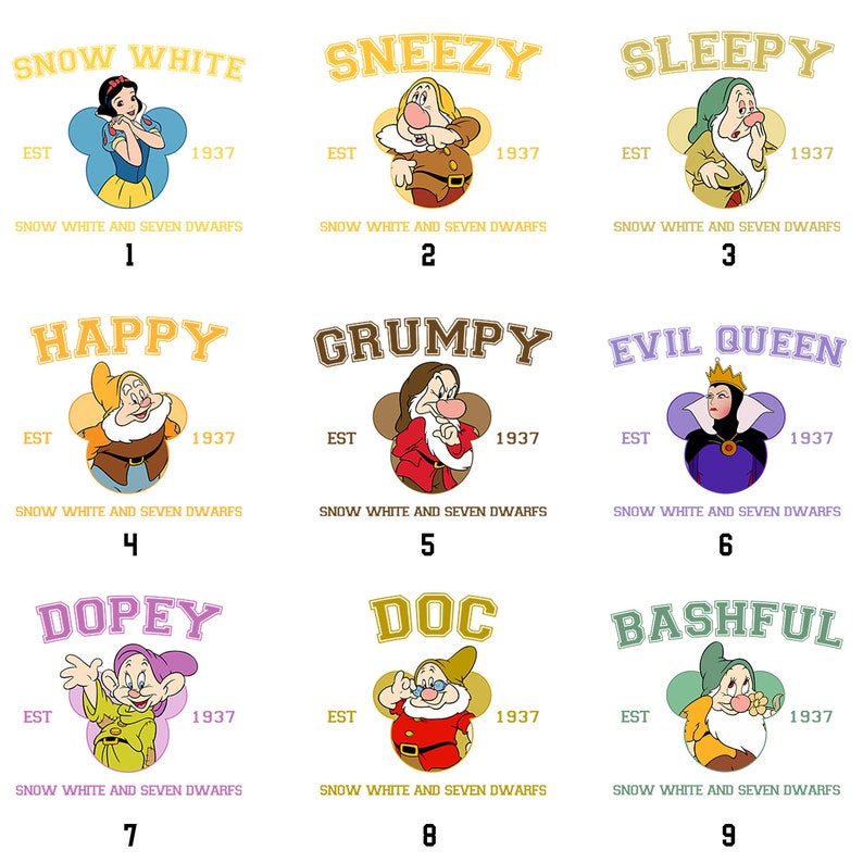 Disney Snow White and Seven Dwarfs Est 1937 Shirt, Evil Queen, Grumpy ...