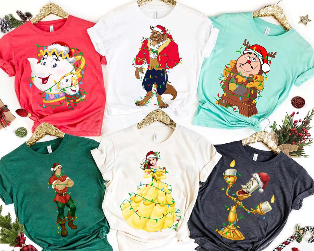 Disney Beauty and the Beast Group Christmas Lights Shirt, Santa Belle ...