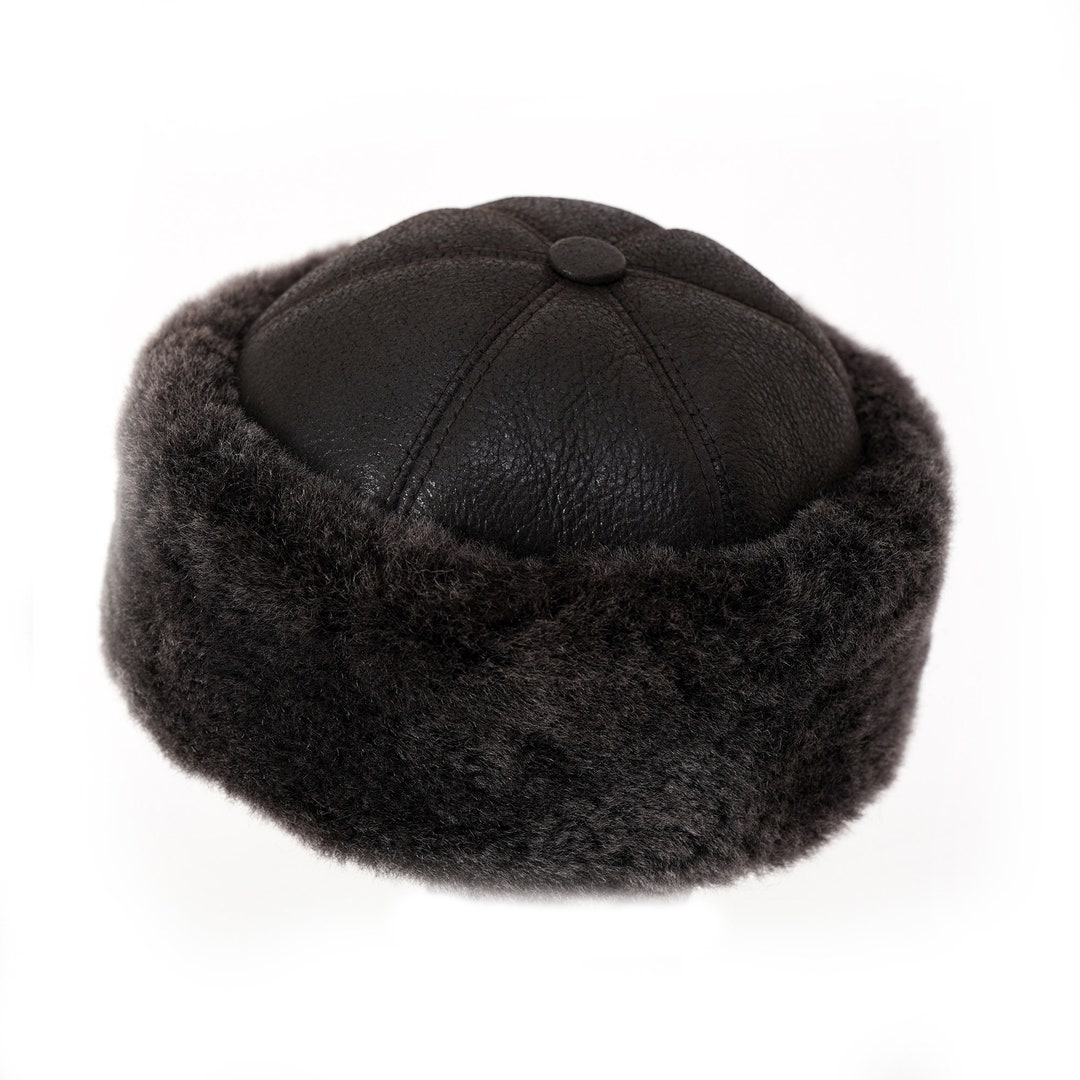 Leather Fur Russian Winter Beanie Hat I Genuine Shearling Sheepskin ...