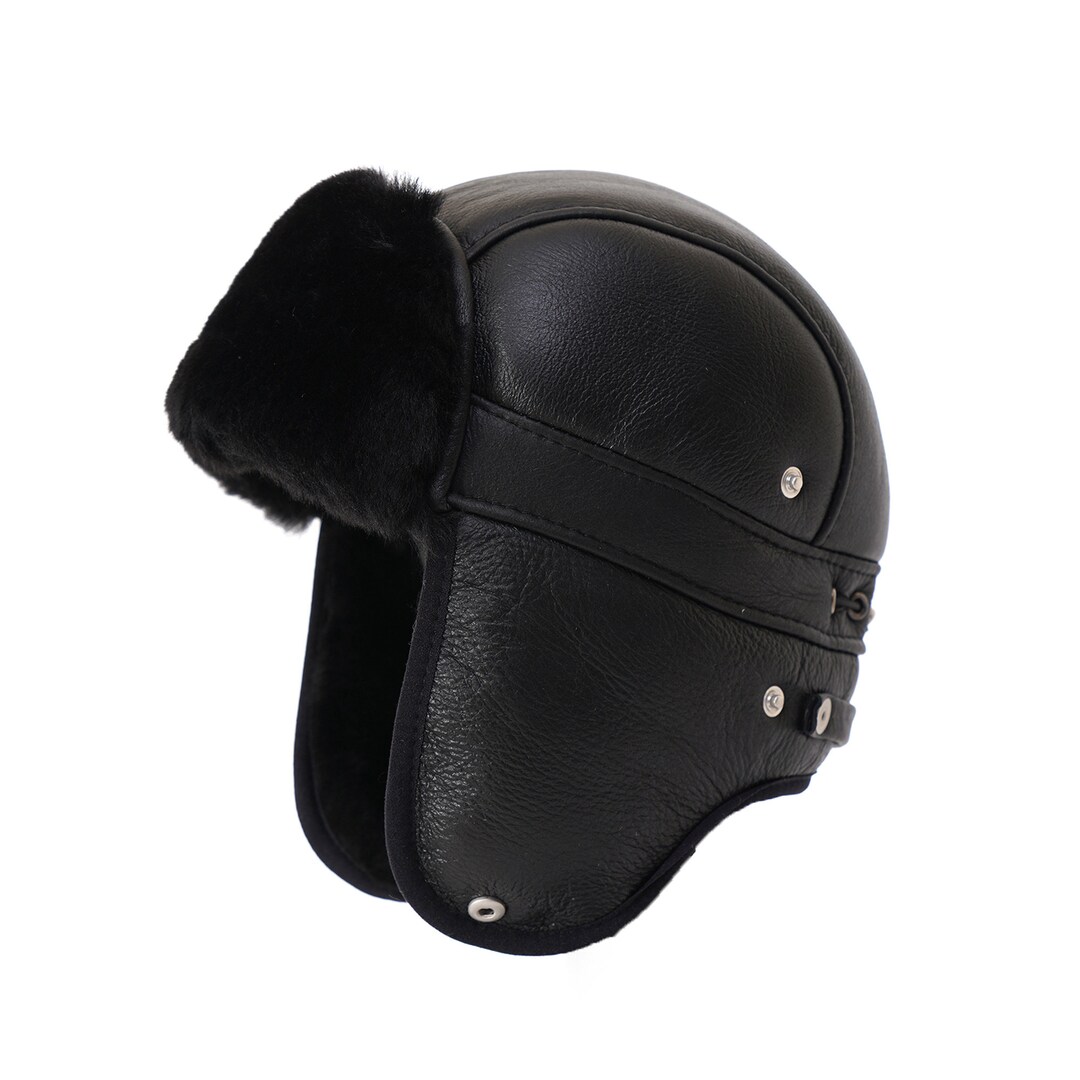 Leather Aviator Hat Russian Ushanka Mad Bomber Fur Winter Hat Cap With ...