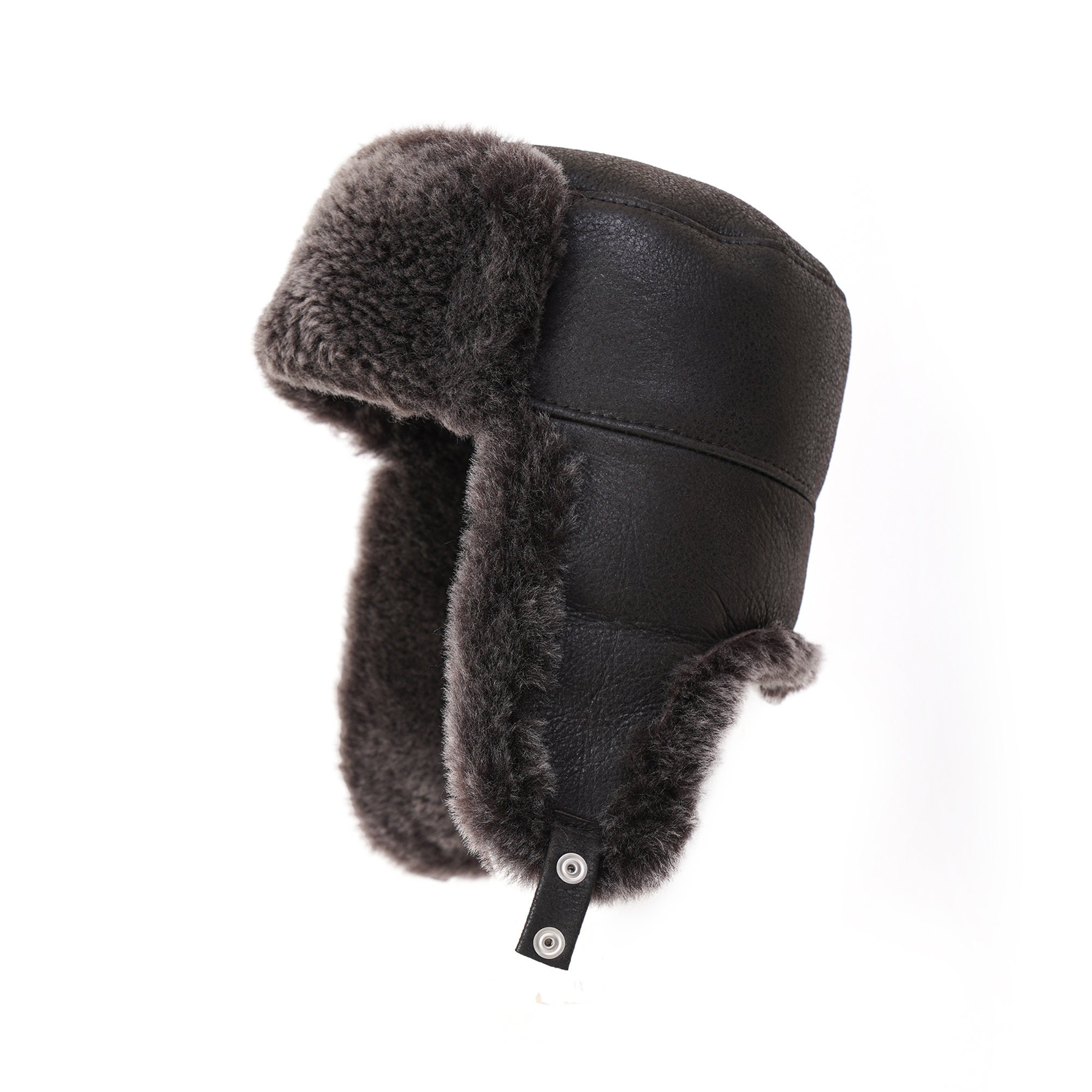 Ushanka Trapper Ear Flap Hat Leather Russian Ushanka Sheepskin Winter ...