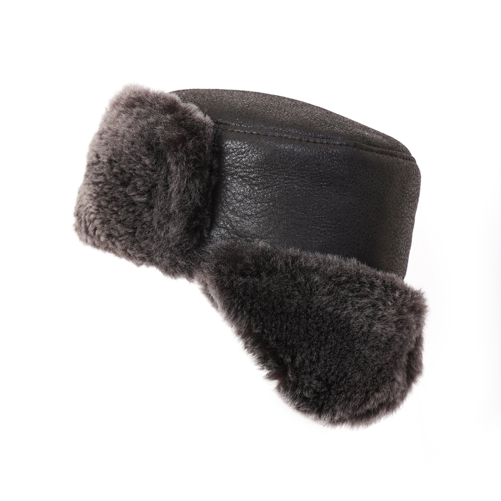 Ushanka Trapper Ear Flap Hat Leather Russian Ushanka Sheepskin Winter ...