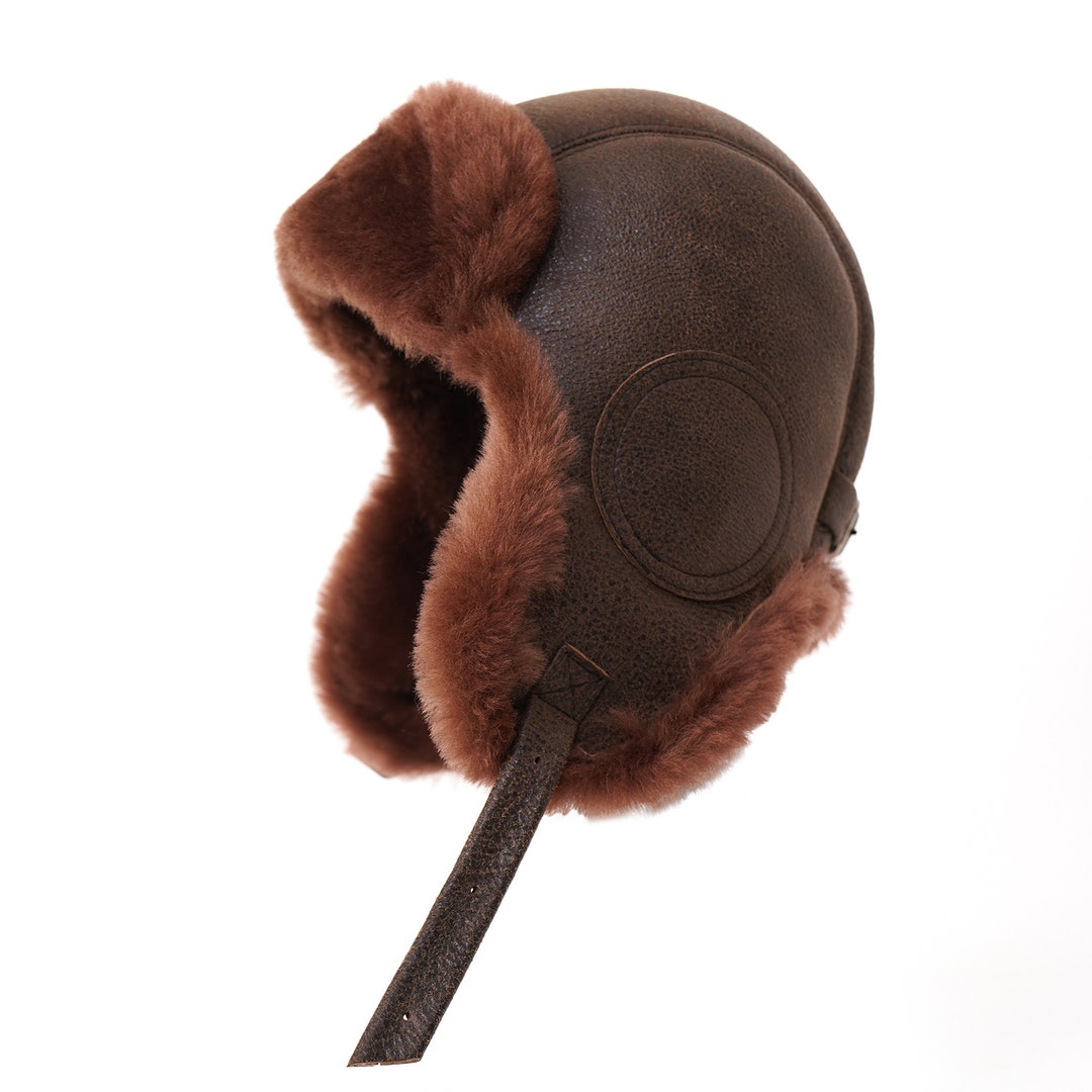 Bomber Leather Hat Mens Aviator Russian Ushanka I Genuine Sheepskin ...