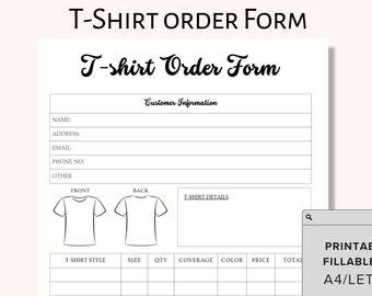Fillable T-shirt Order Form Editable, Printable Shirt Order Form ...