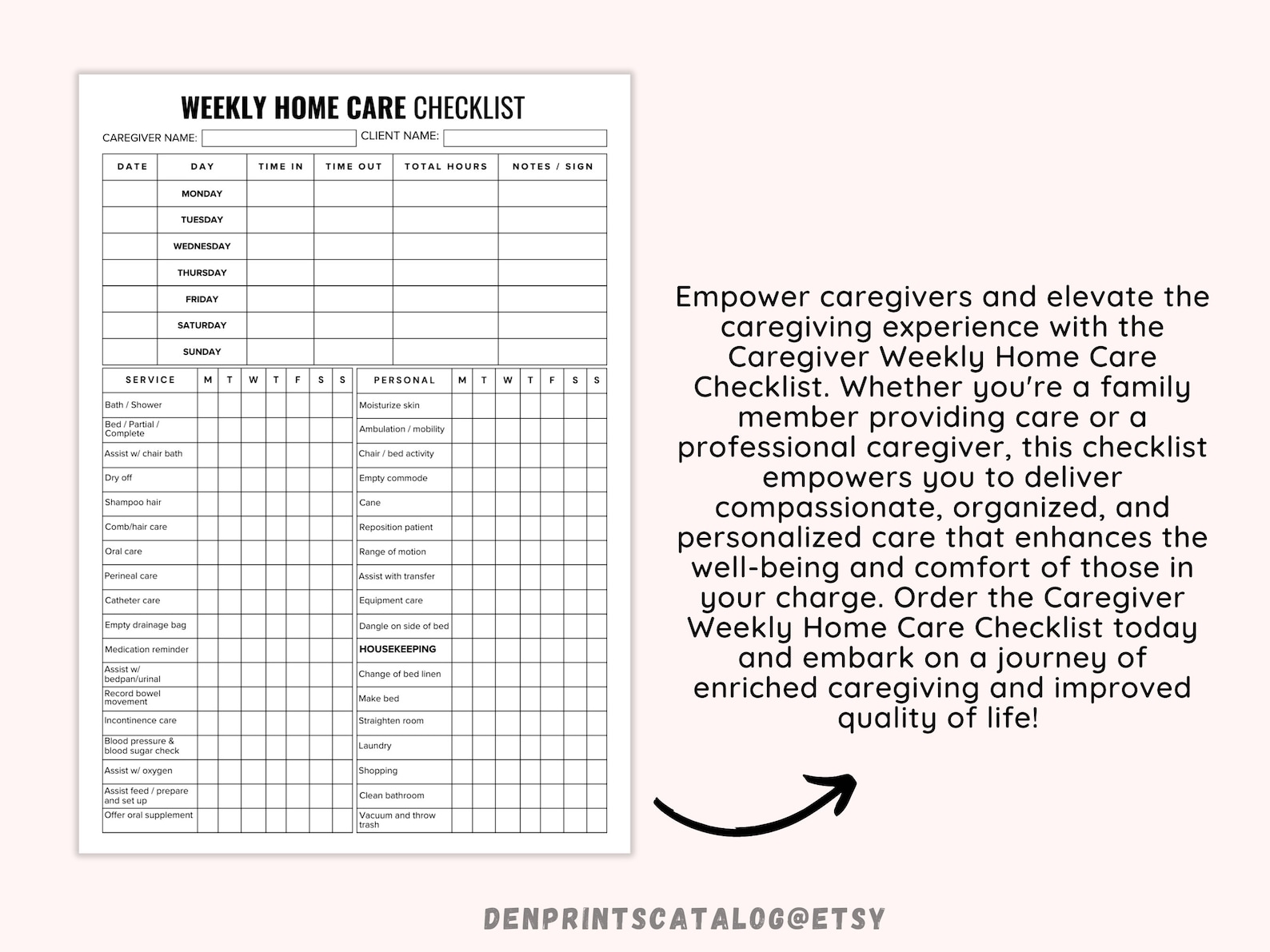 Weekly Home Care Checklist Printable, Monday Start, Caregiving Elderly ...
