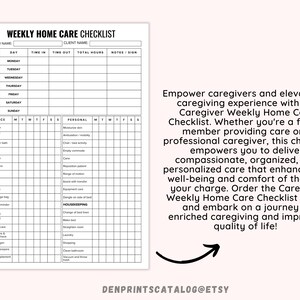 Weekly Home Care Checklist Printable, Monday Start, Caregiving Elderly ...