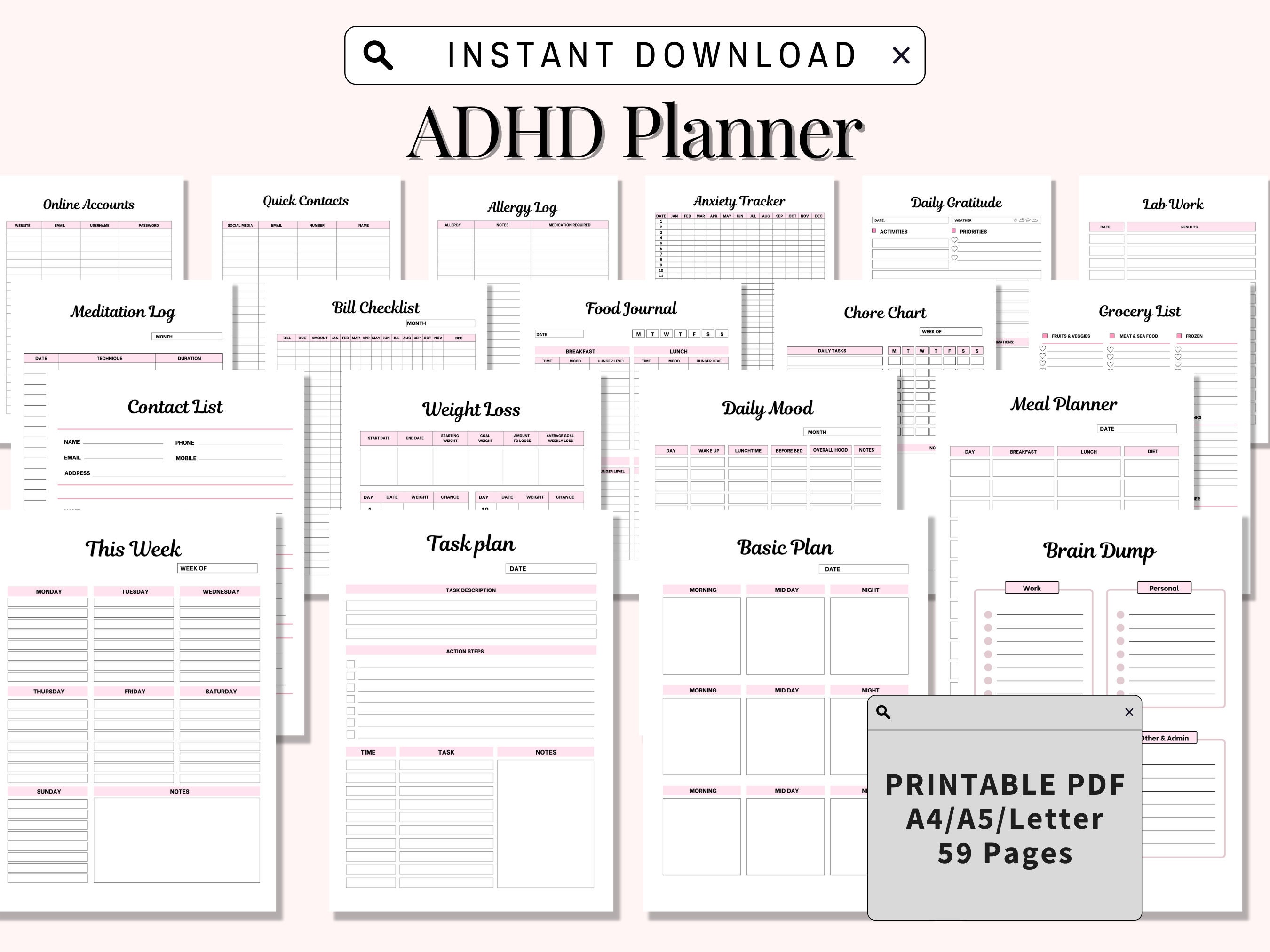 ADHD Planner Adult , Printable ADHD Productivity Journal, Digital Adhd ...