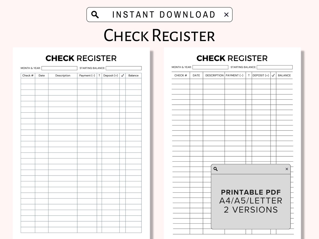 Check Register Printable for Personal Check Book, Small Business ...