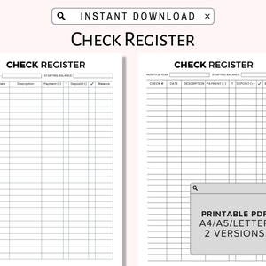 Check Register Printable for Personal Check Book, Small Business ...