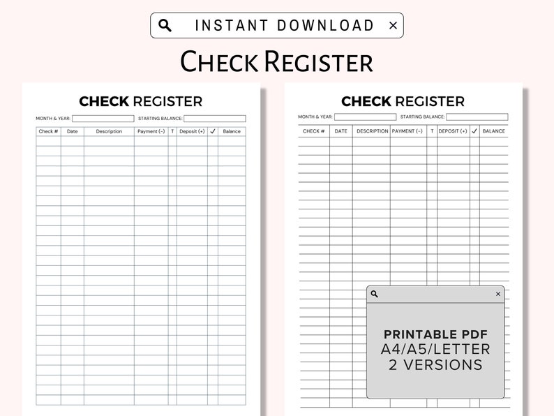Check Register Printable for Personal Check Book, Small Business ...