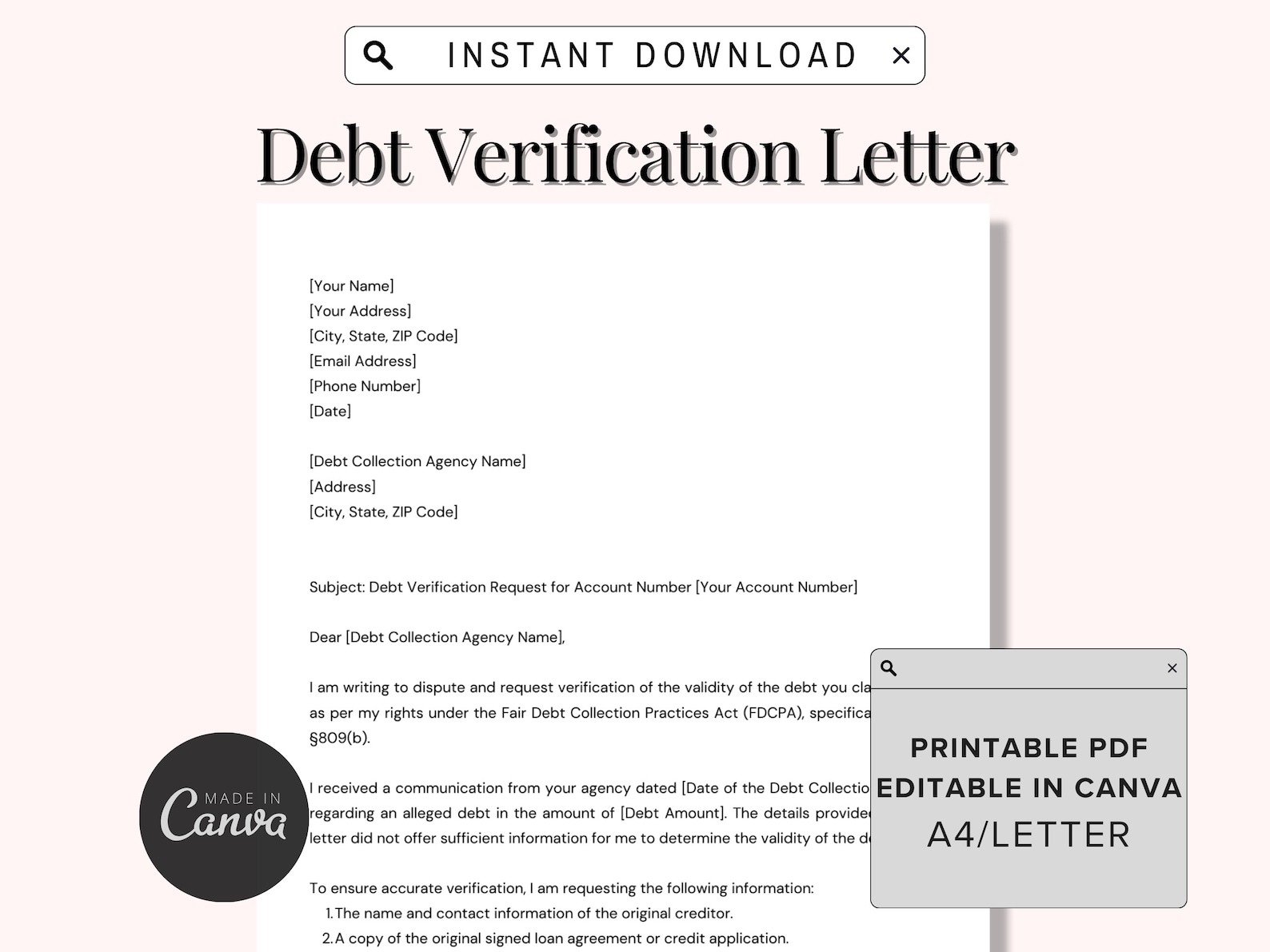 Editable Debt Verification Letter Template, Edit in Canva Template ...