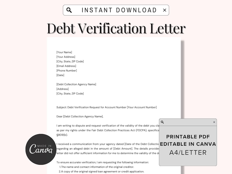 Editable Debt Verification Letter Template, Edit in Canva Template ...