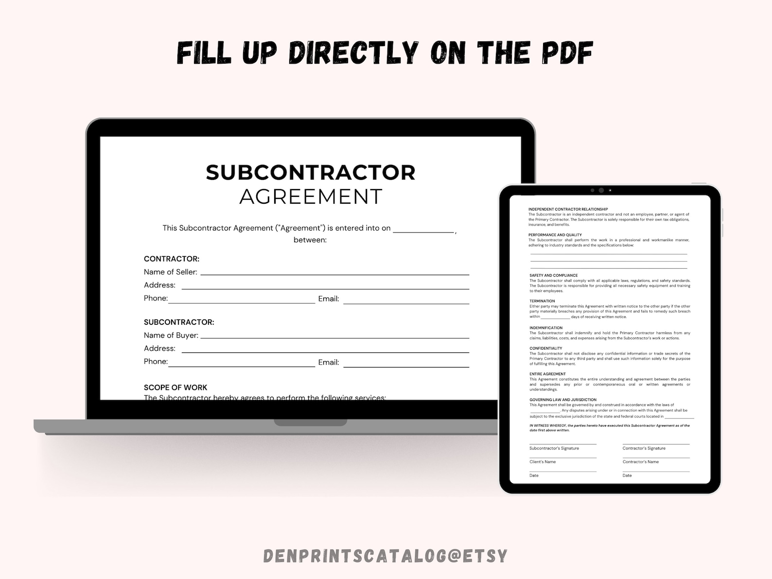 Fillable Subcontractor Agreement, Editable Subcontractor Contract Form ...
