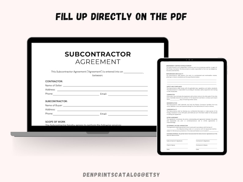 Fillable Subcontractor Agreement, Editable Subcontractor Contract Form ...