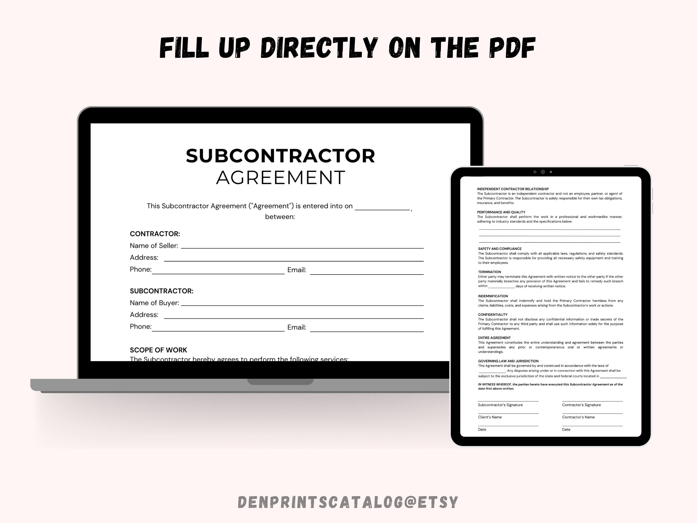 Fillable Subcontractor Agreement, Editable Subcontractor Contract Form ...