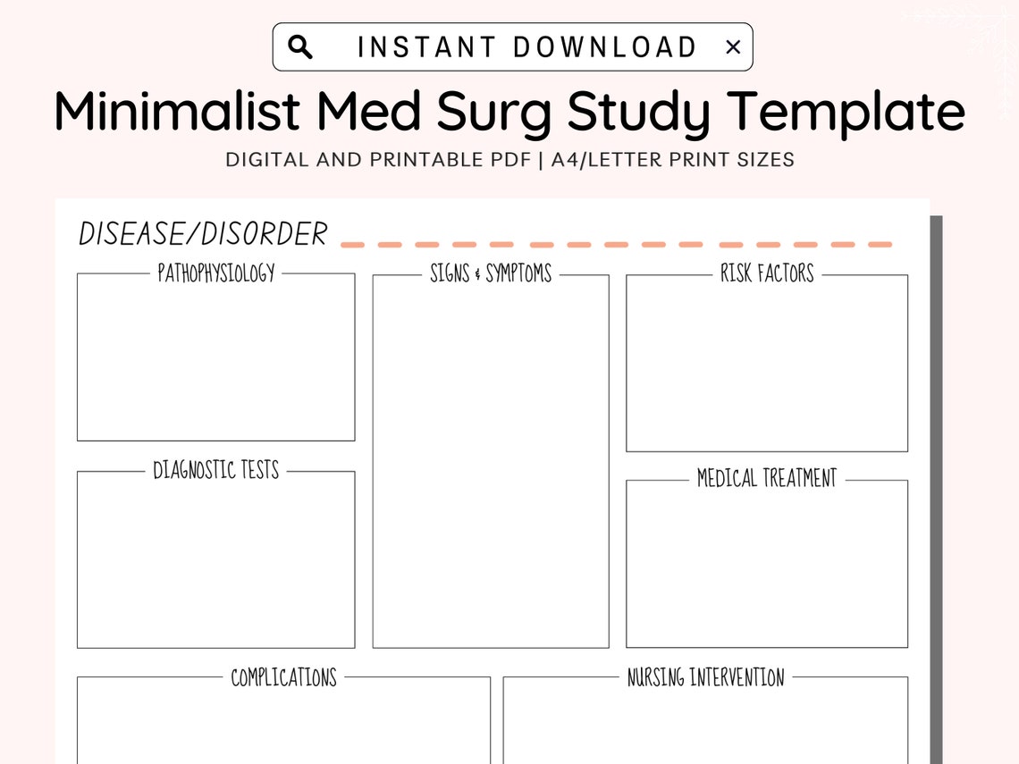 Med Surg Study Template Printable, Pathophysiology Template, Medical ...