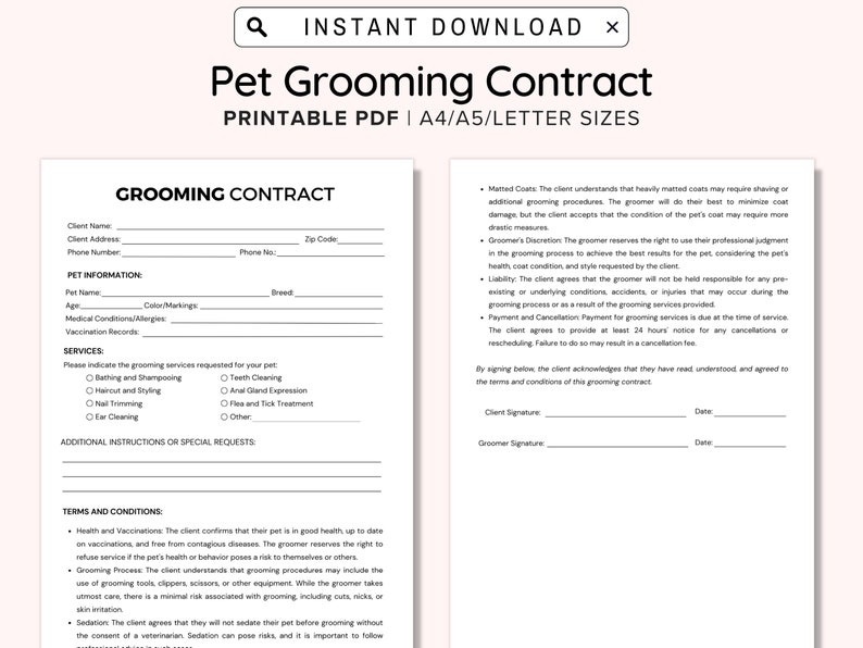 Pet Grooming Contract Printable, Pet Client Grooming Agreement, Dog Cat ...