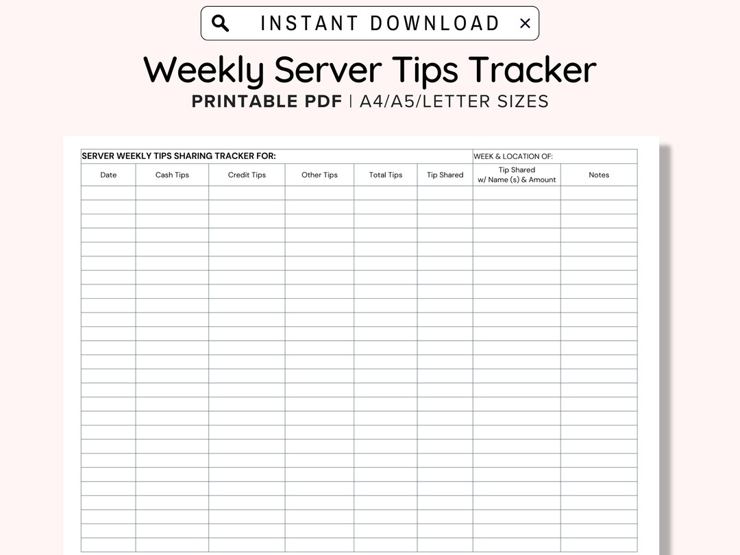 Server Tips Tracker Sheet Printable, for Tip Sharing Weekly Breakdown ...